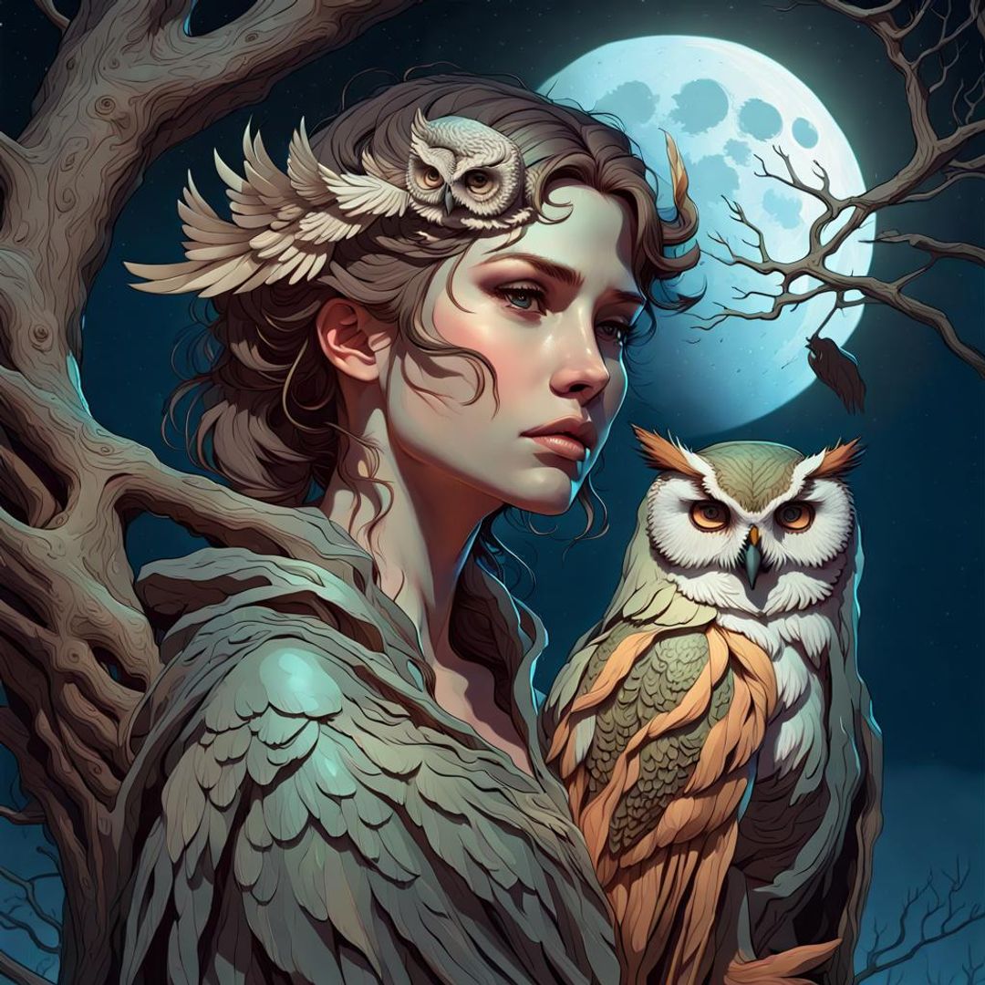 Creature with the face of a lonely woman and the body of an owl, on top ...
