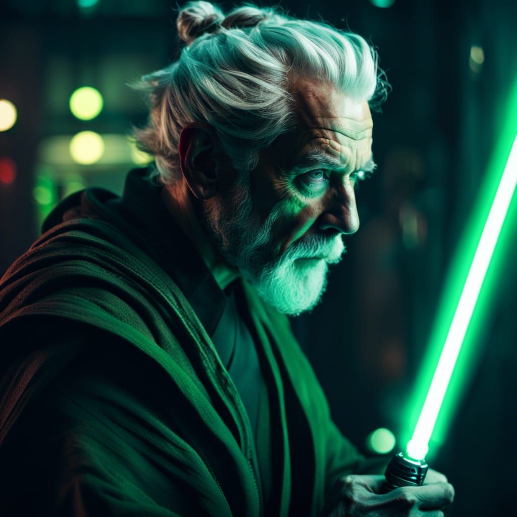 Hyper realistic filmic photography of an old male Jedi with wavy white ...