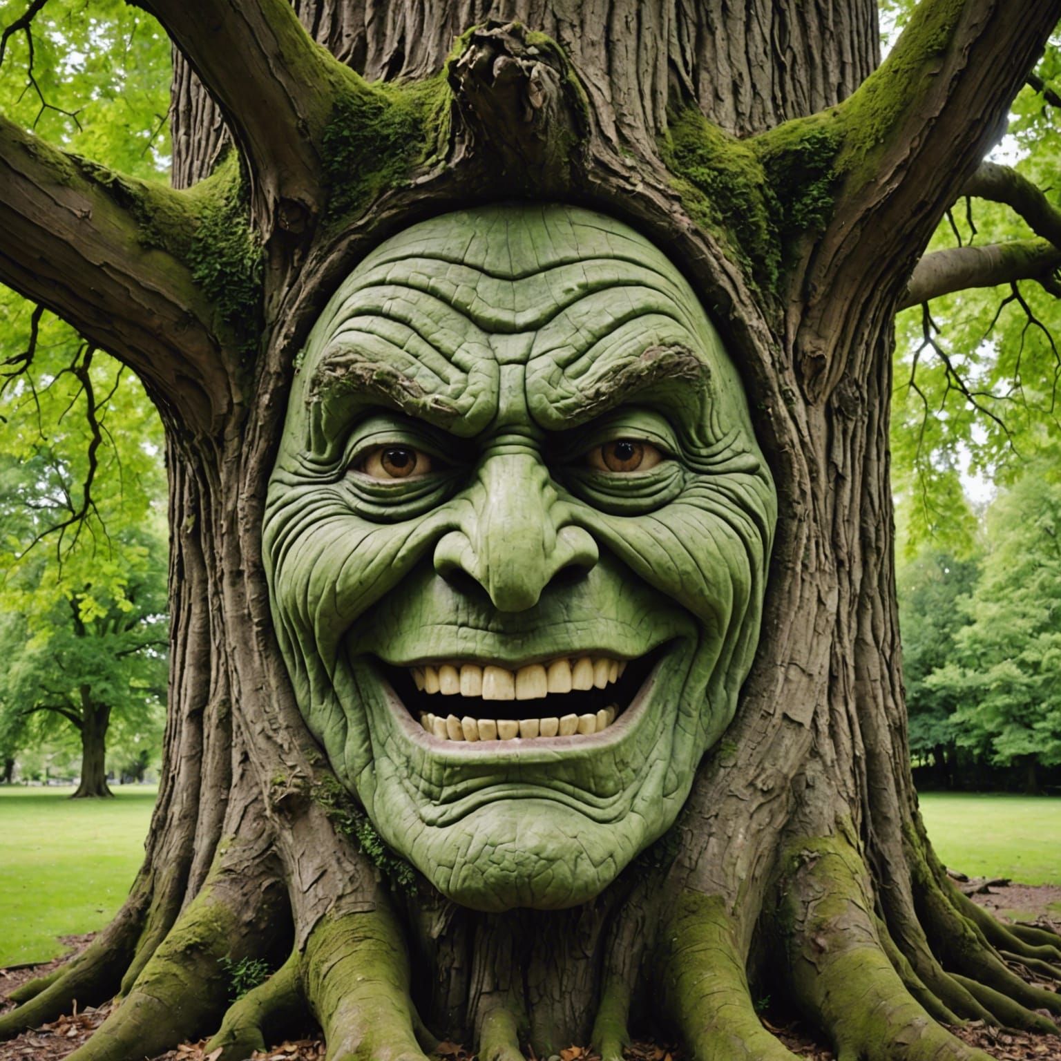 A photograph of a giant old tree, with a huge face and toothy grin - AI ...