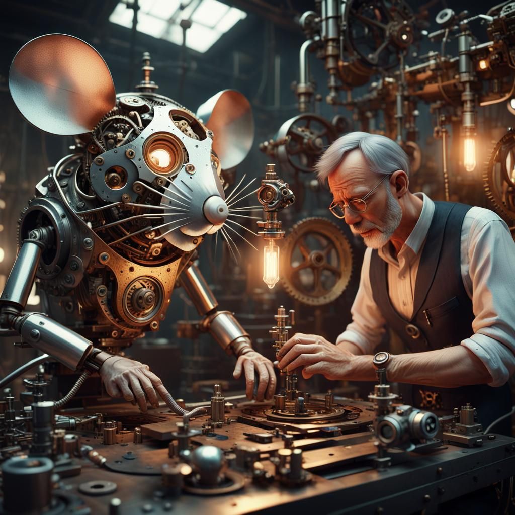 A mouse mechanic works on a very complicated humanoid clockwork. - AI ...