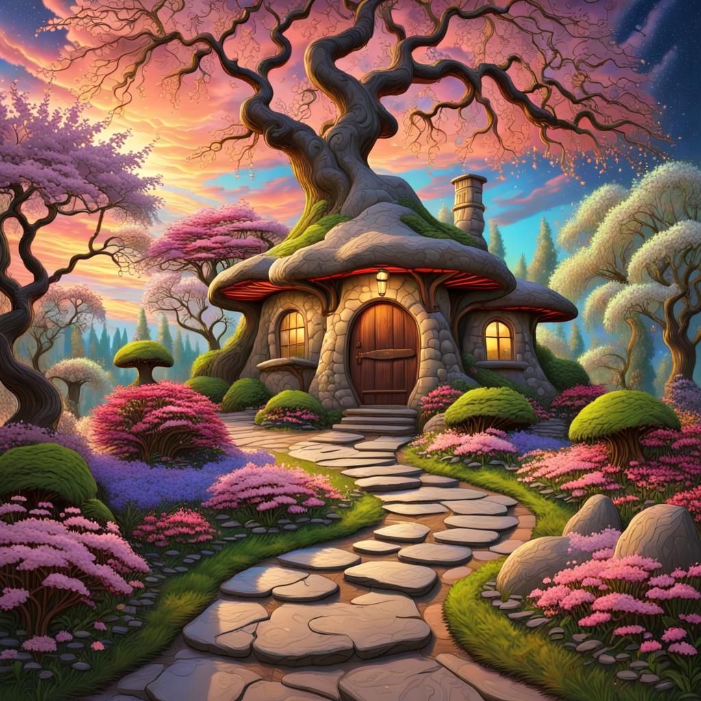 A winding flagstone walkway to a magical cottage - AI Generated Artwork - NightCafe Creator