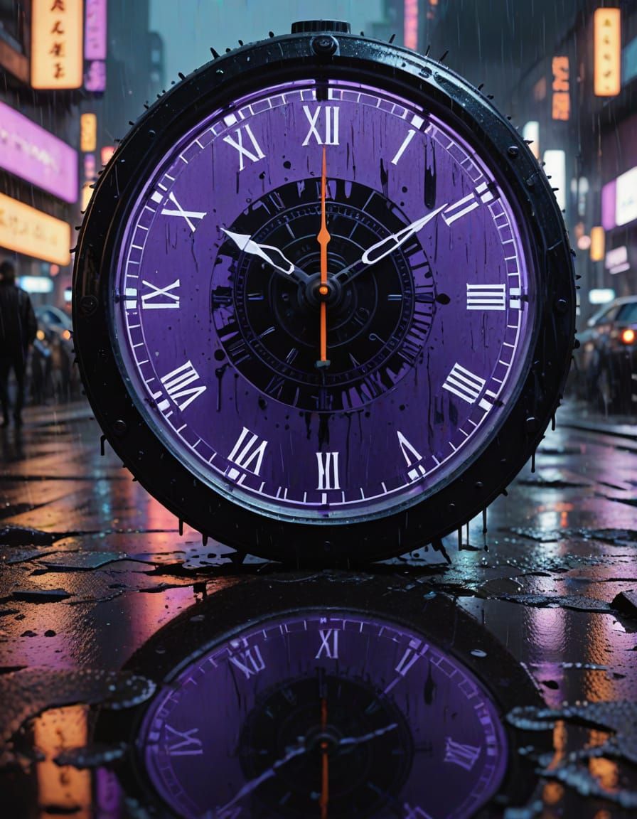 Weathered Clock Face in Neon-Lit Dystopia - AI Art