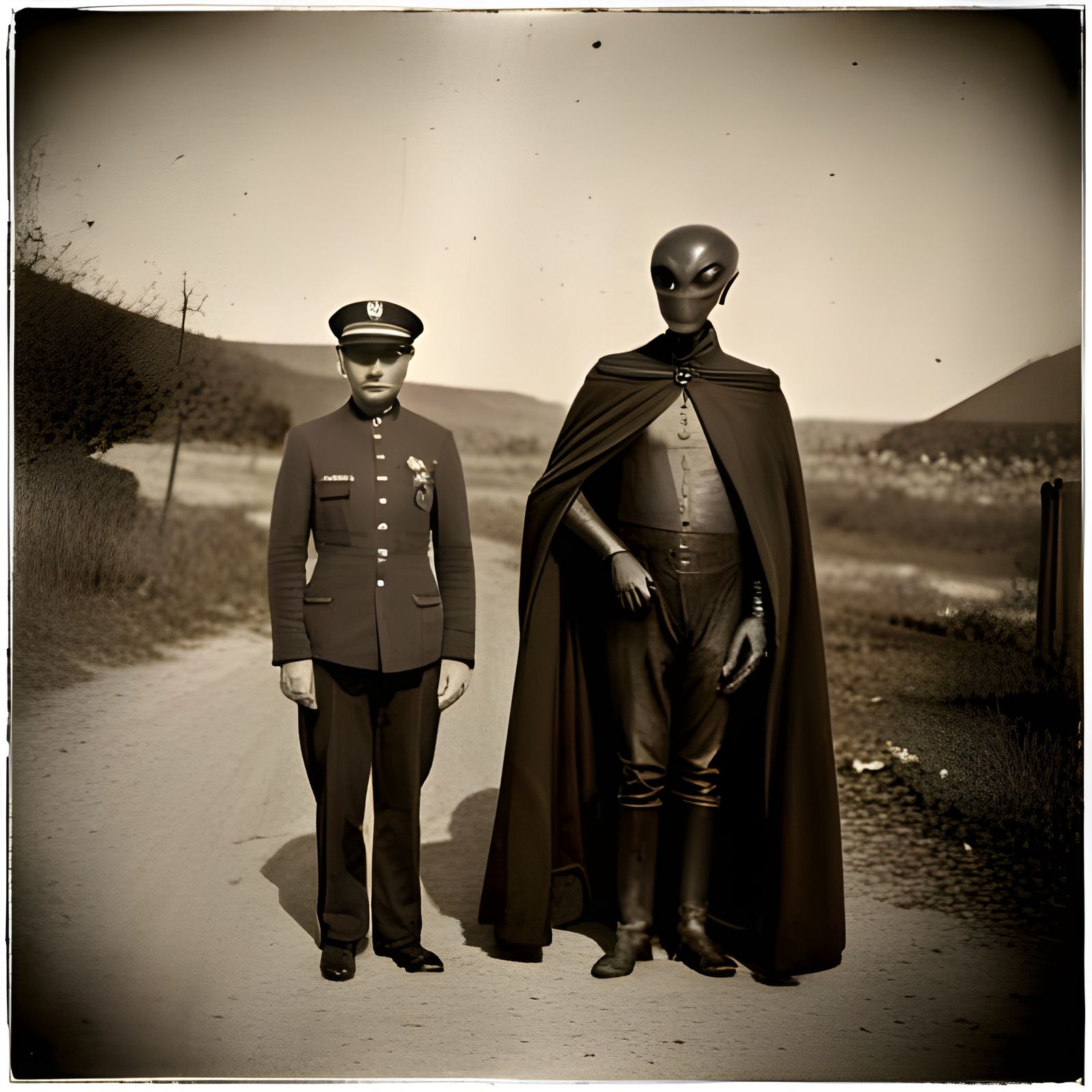 A alien standing beside a police officer 1876 photo, black and white ...