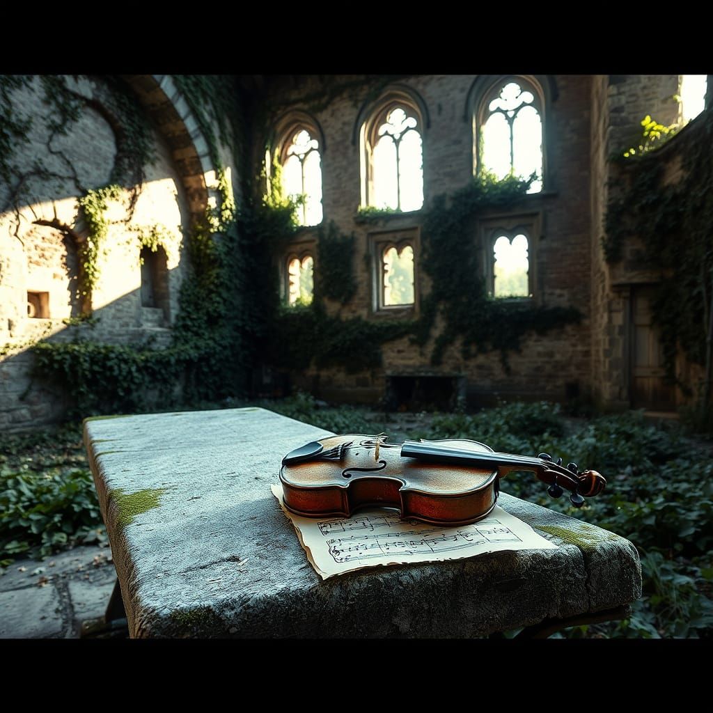 Among the crumbling ruins of a forgotten medieval castle, a broken ...