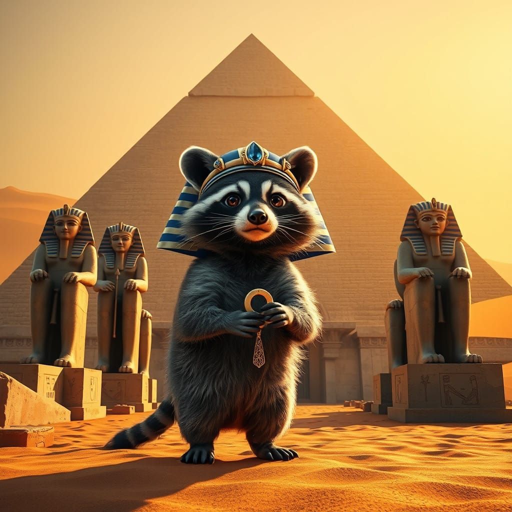 Raccoon - Regal Raccoon at Ancient Egyptian Pyramid Entranc...