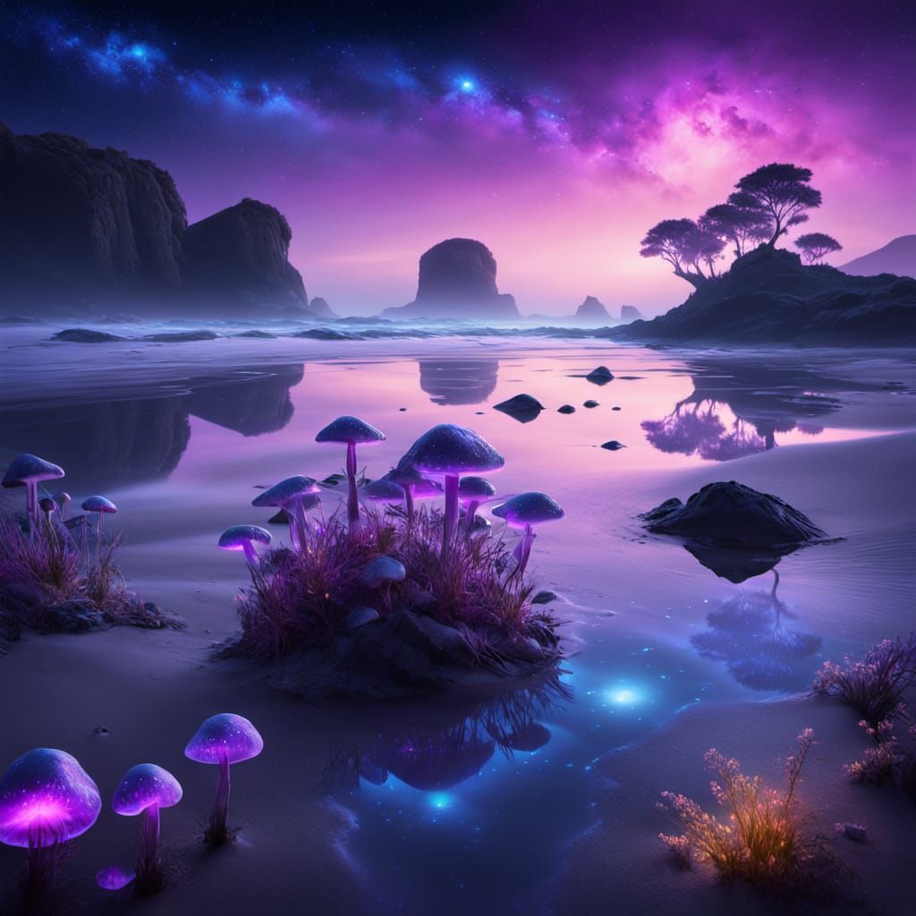 Ethereal Cosmic Beach at Night: A Glowing Purplish... - AI Art