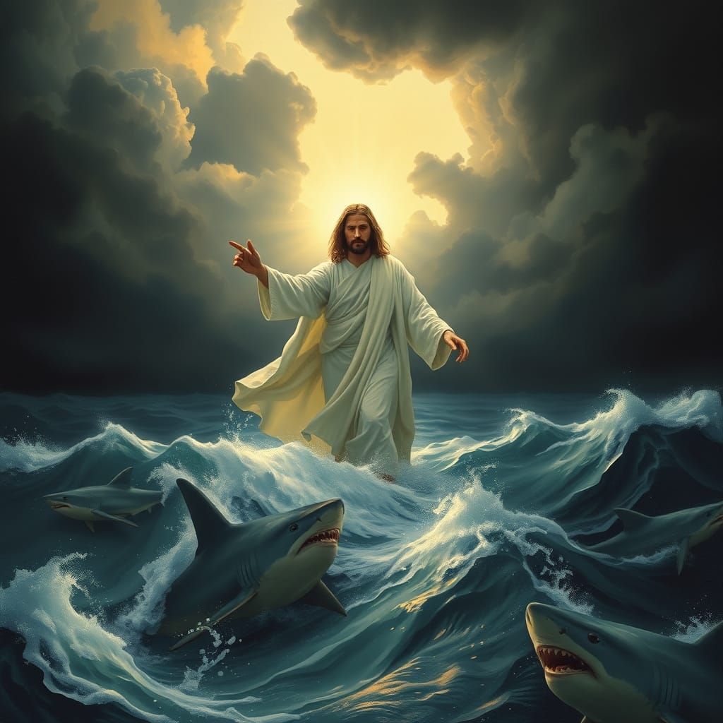 Jesus walking on water hand out to help peter, clouds and storm, light ...