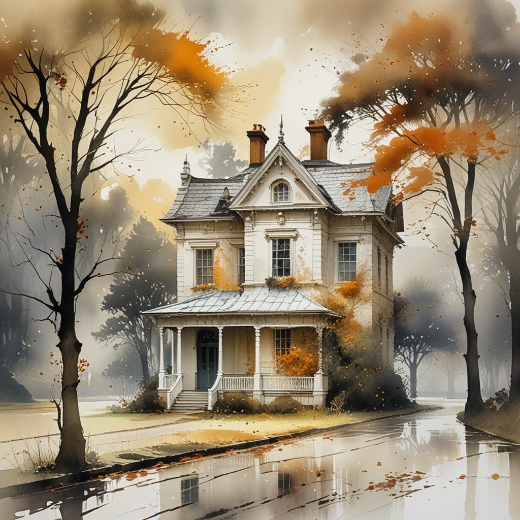 old white house - Ethereal Autumn Mansion Amidst Whispers o...