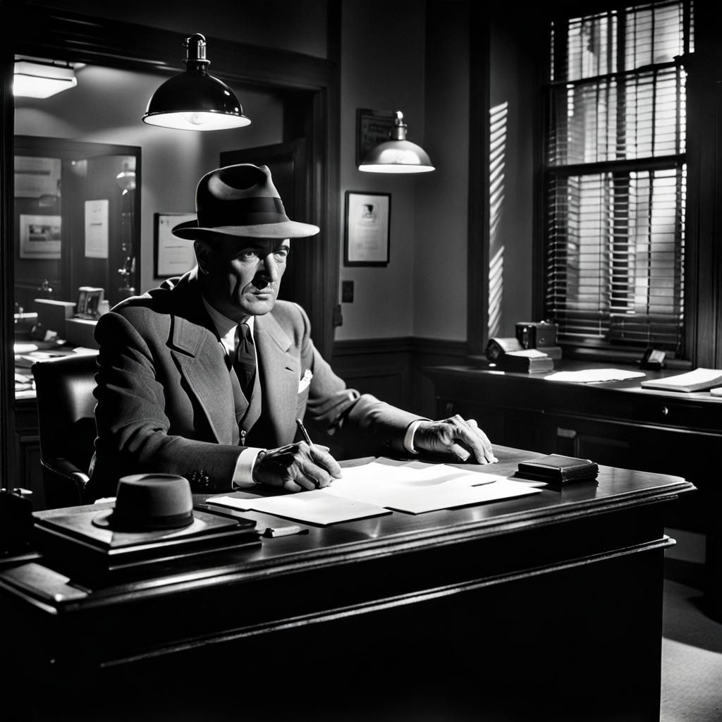 A long shot of a 1940s dark eyed detective wearing a fedora sitting at ...