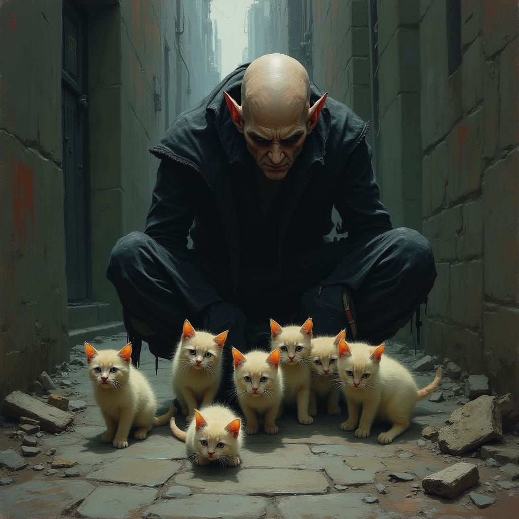 Gaunt Figure Torments Frightened Kittens in Dark, ... - AI Art