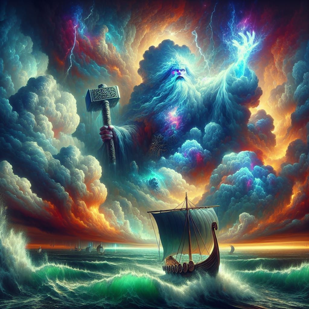 Thor - Viking Ship in Stormy Seas with Thor's Ethereal Prese...
