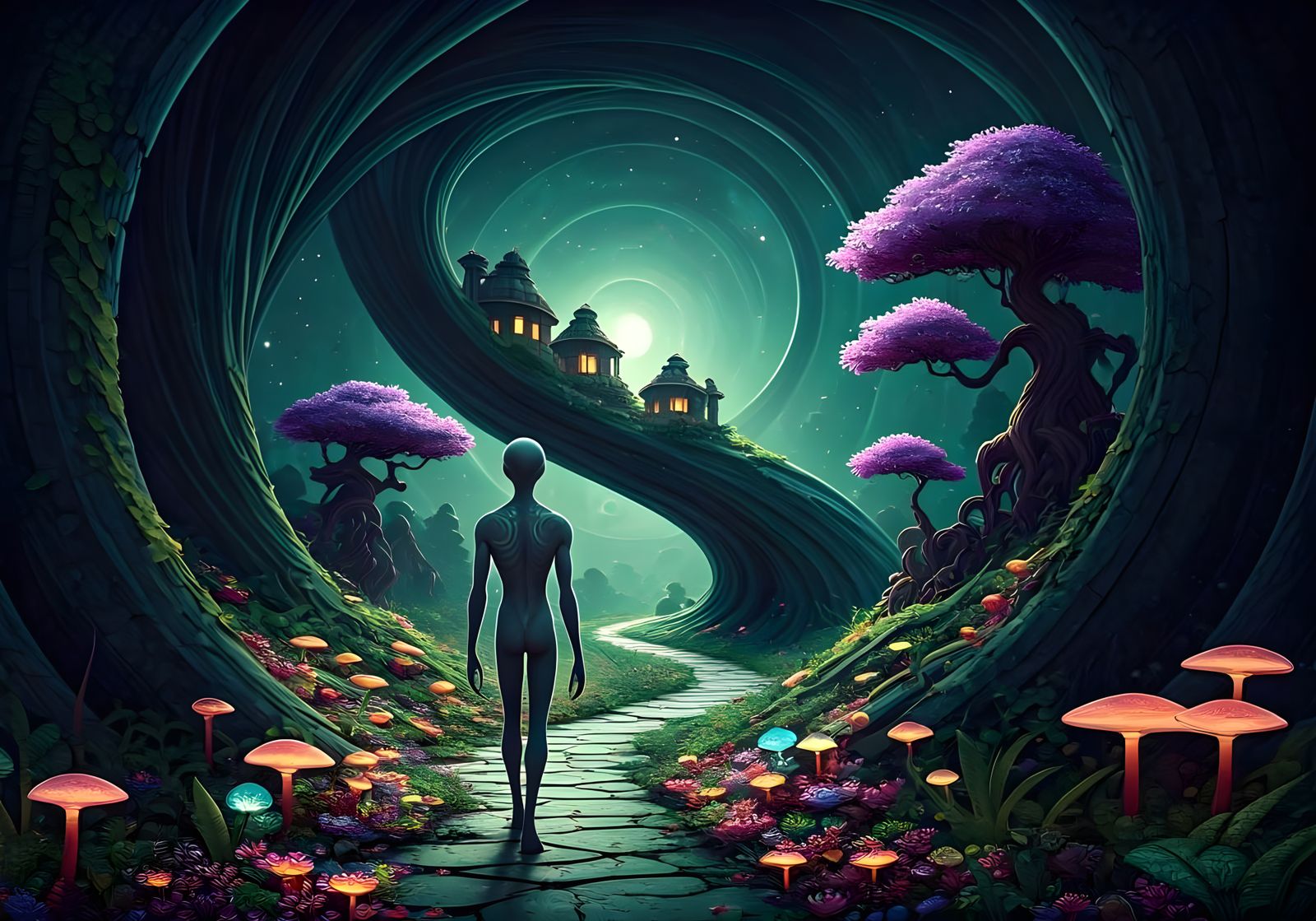 A lone alien Enters a surreal world thru a stargate