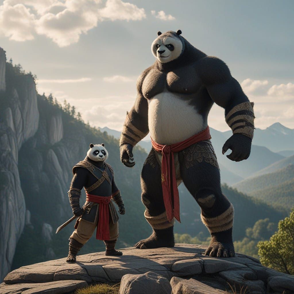 Warrior panda and Kung fu panda standing side by side in Rocky Mountain ...