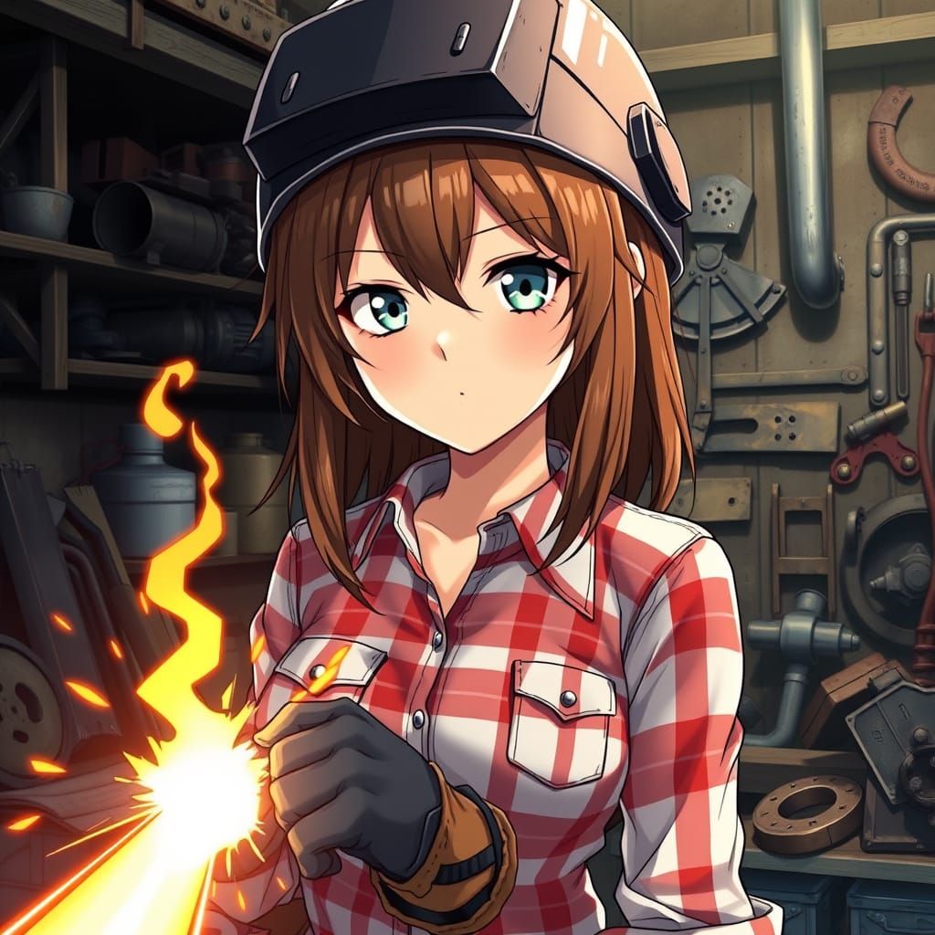 anime girl with brown hair with light brown highlights with grey-blue ...