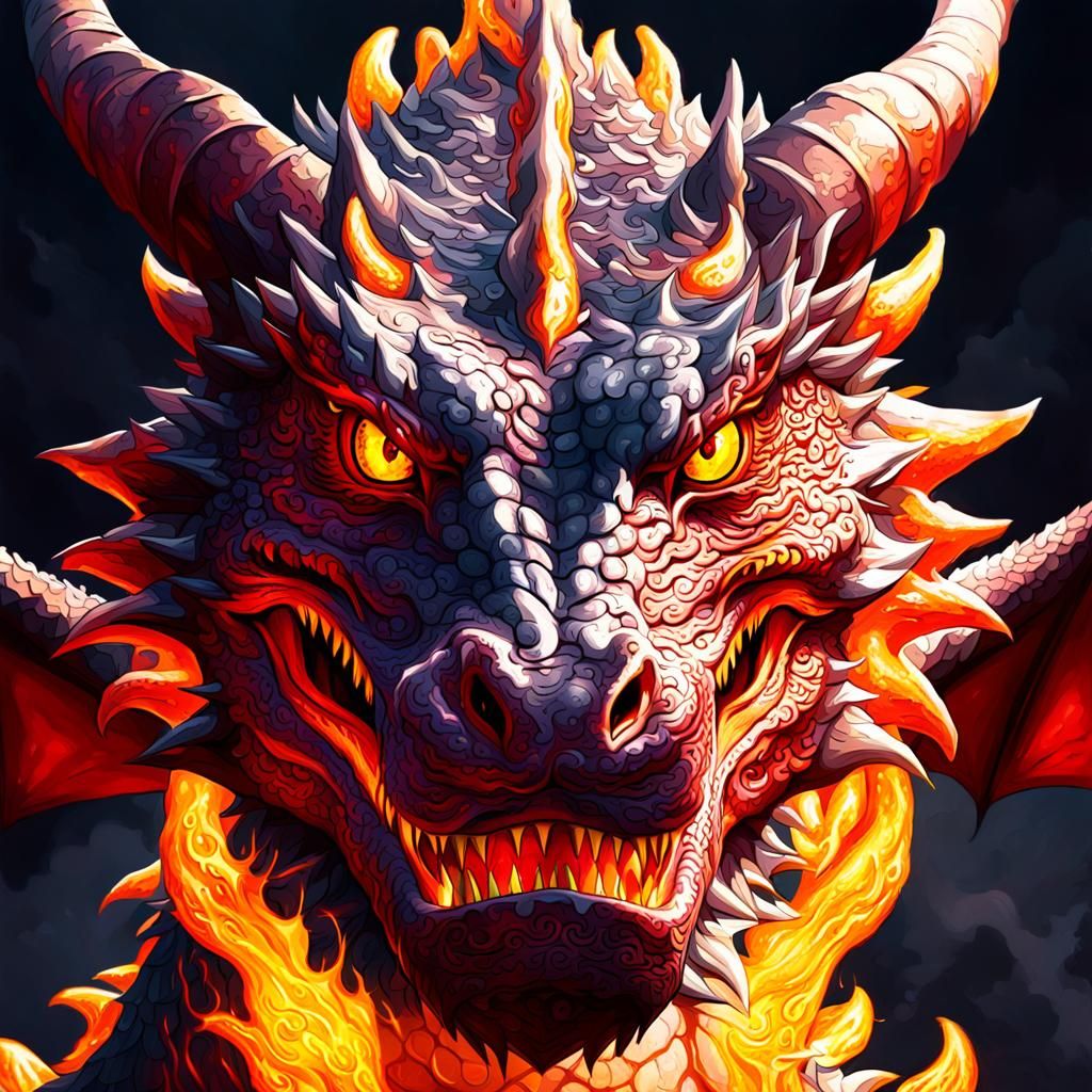 Portrait of a ruby dragon with flaming orange eyes and flames ...