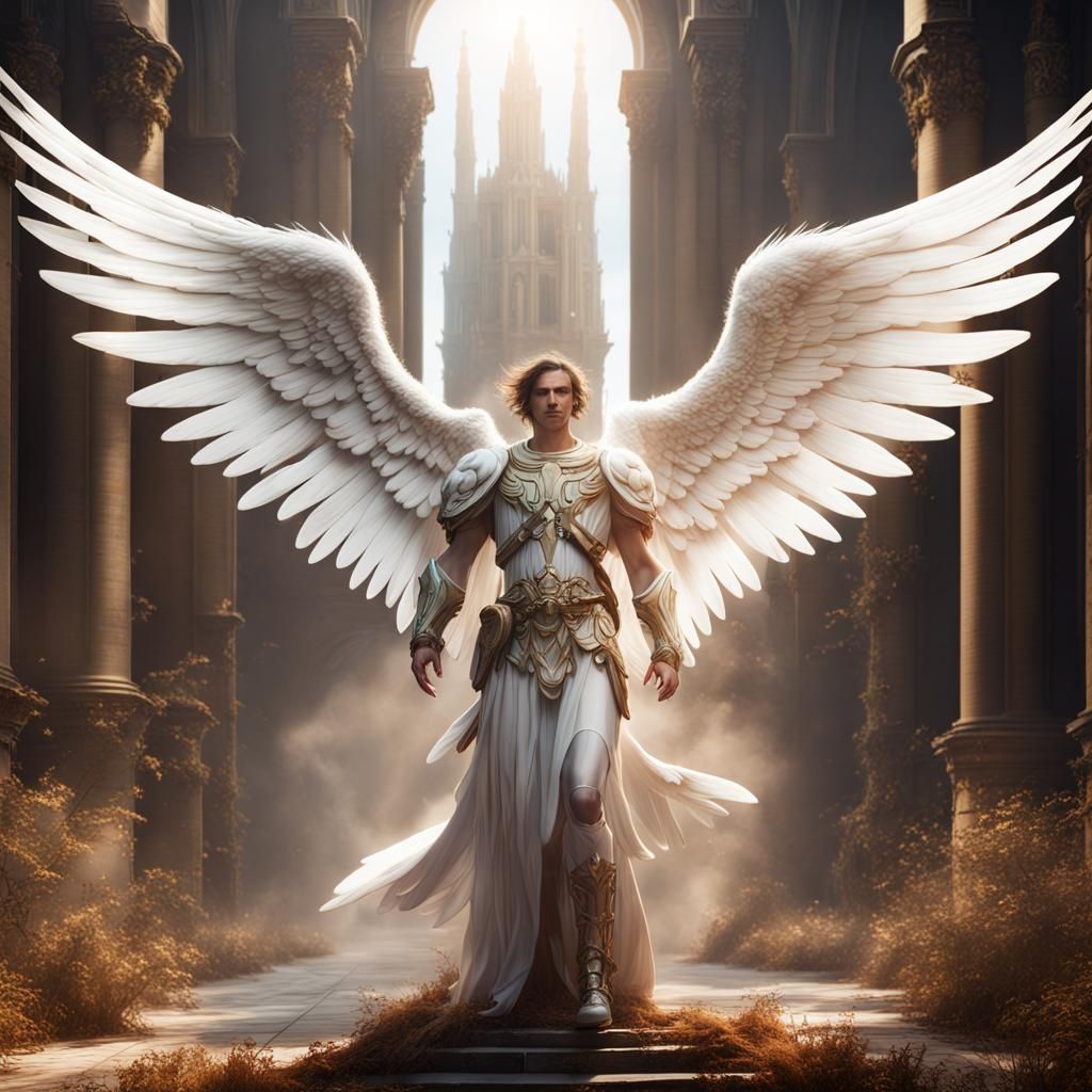 Archangel Gabriel coming down to the ground with his large white wings ...