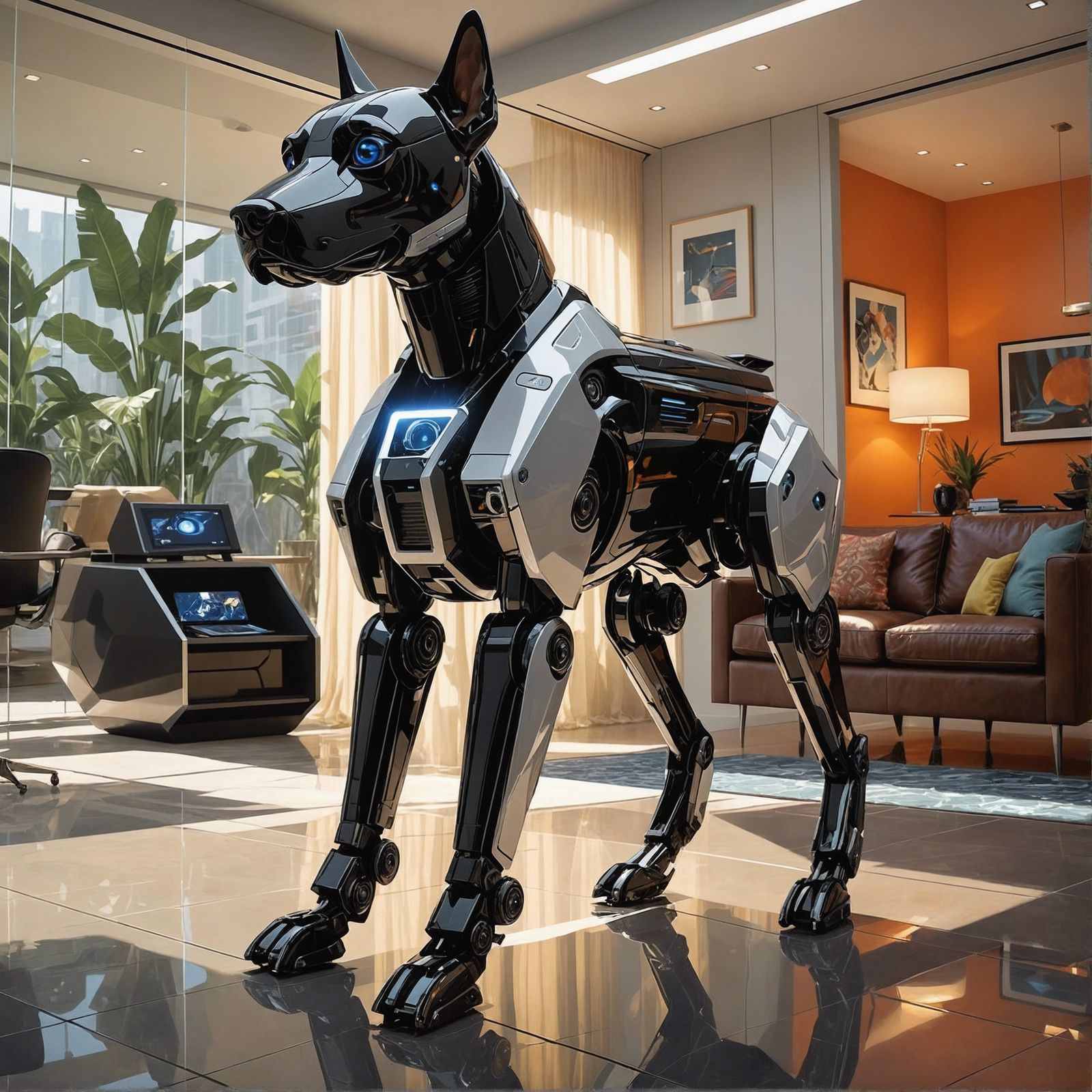 Art by Syd Mead, futuristic, a robotic dog with advanced AI, carbon ...