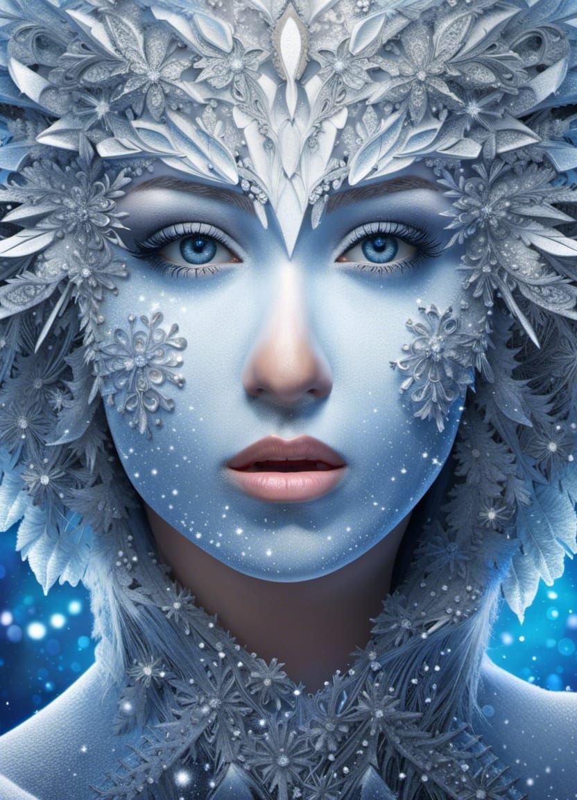 face made out of snow, hair covered with snow crystals, background is ...