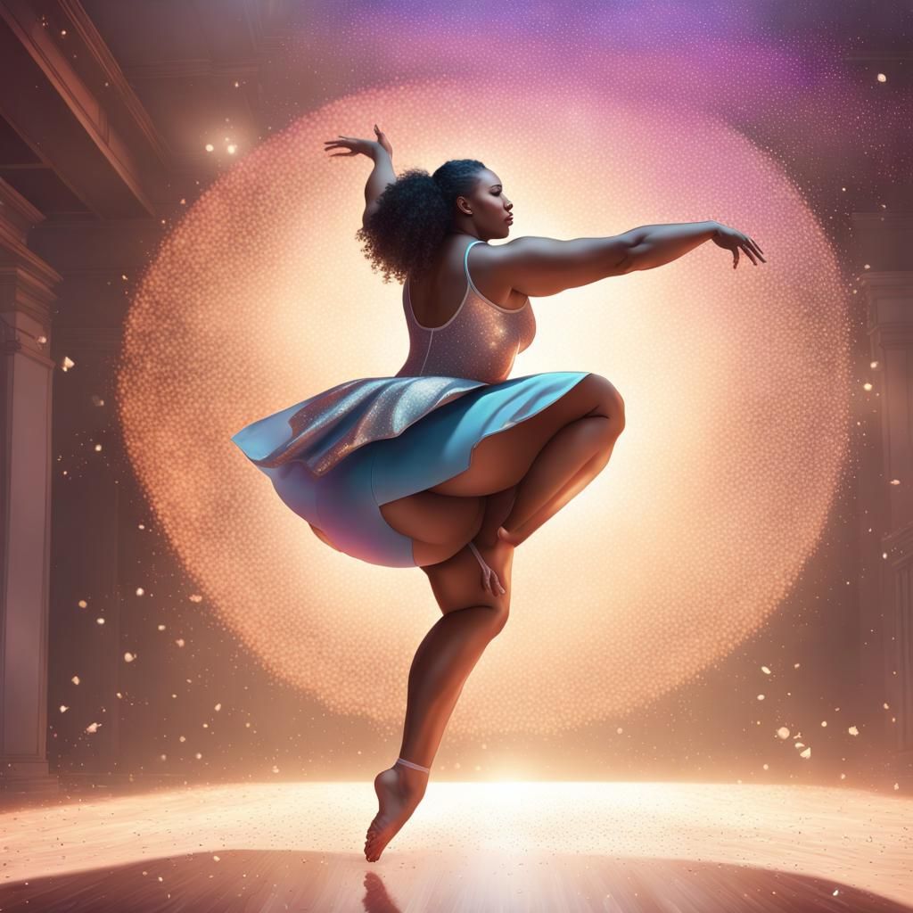 curvy plus sized gymnyst wearing a leotard and skirt, doing a backflip, as glitter falls - AI ...