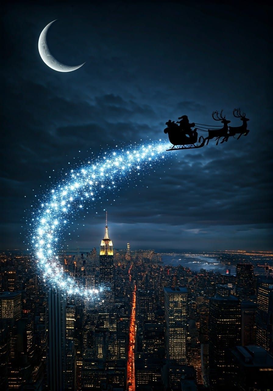 silhouette of Santa Claus on his sleigh pulled by reindeer, seamlessly ...
