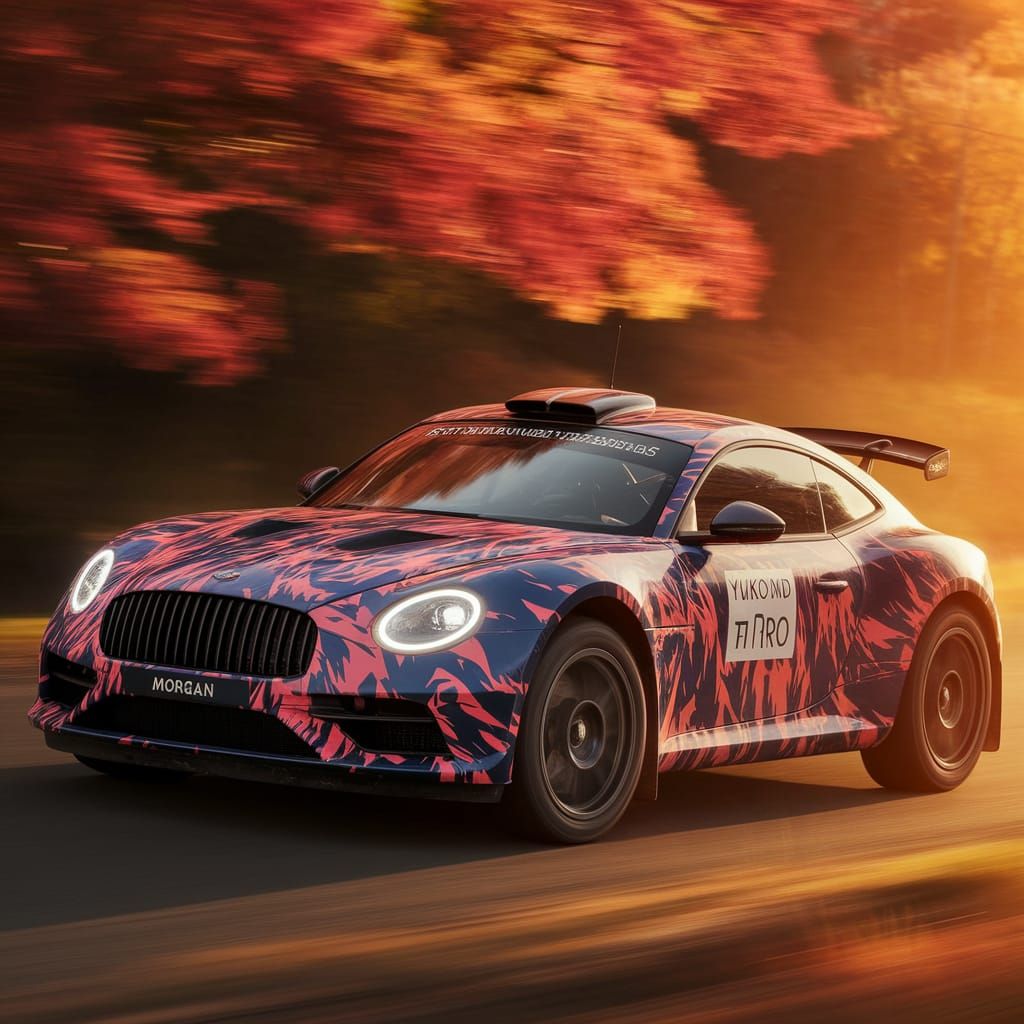 Morgan rally car wrapped in "yuko and hiro" artwork