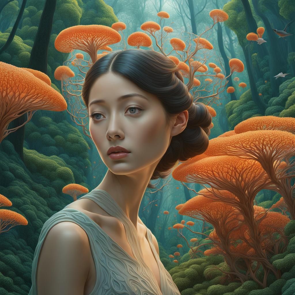 Beautiful woman trapped in mycelium network in warped perspective with ...