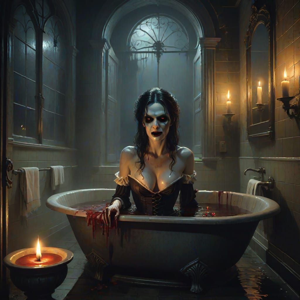 Female Vampire in Gothic Bathroom with Candles - AI Art