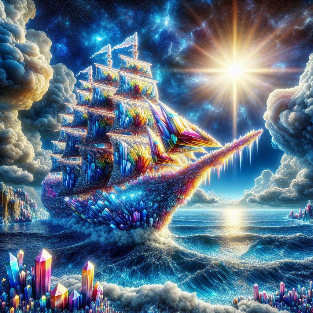 A ship made from multi-colored prismatic mineral crystals on a ...