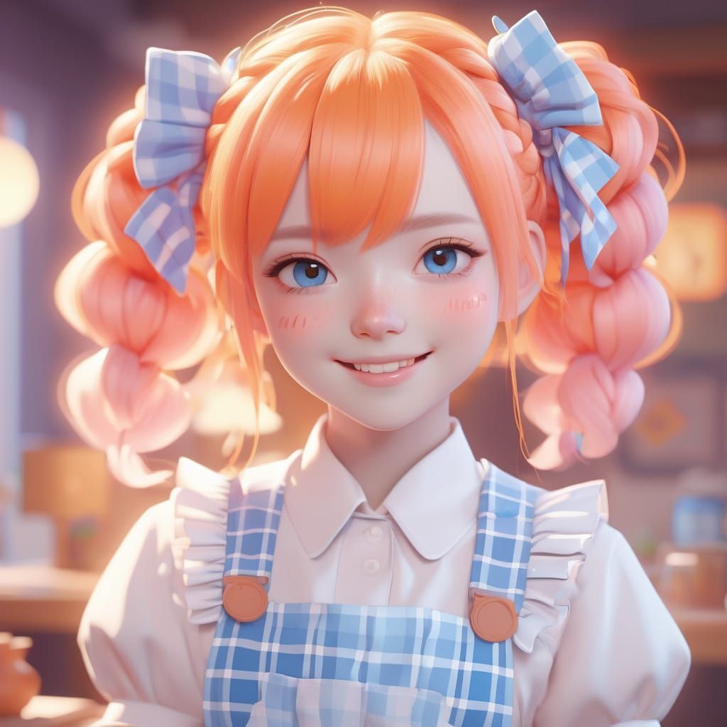 funny rag doll smiling, orange wool hair with braids, blue checkered ...