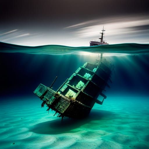 a photographic image of an underwater shipwreck, submechanophobia, flat ...