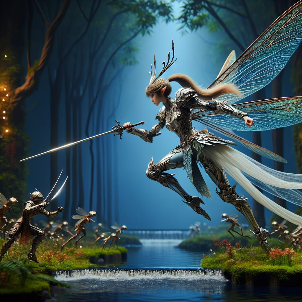 warrior fairy with exotic dragonfly type wings defending her people