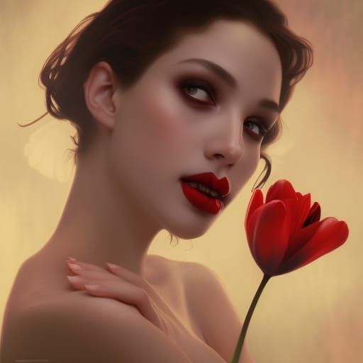The beautiful vampire held the red tulip up to her ruby lips and kissed ...