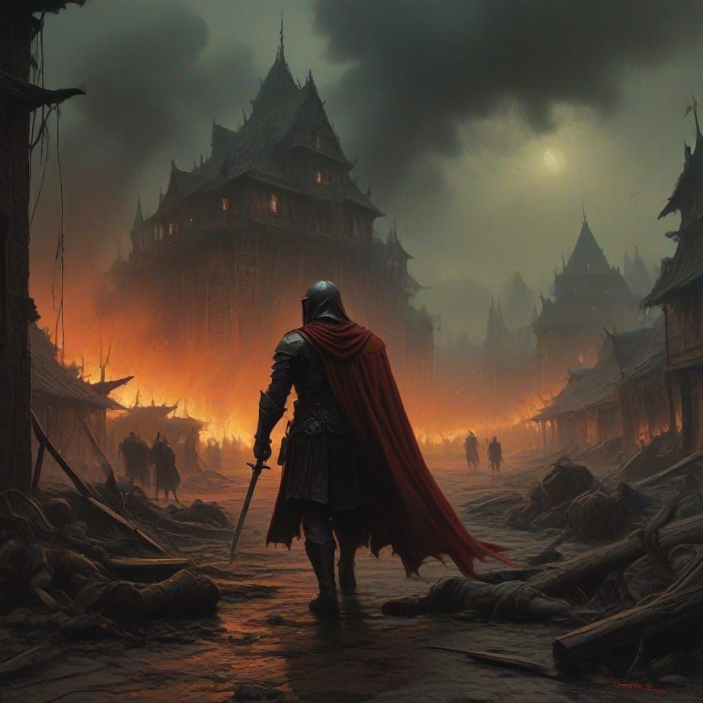 Menacing Knight Pillages Medieval Town in Dark Fan... - AI Art
