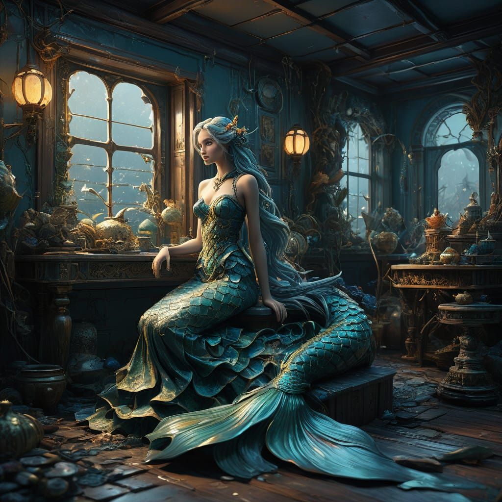 Surreal Mermaid Porcelain in Vibrant Iridescent Dr... - AI Art