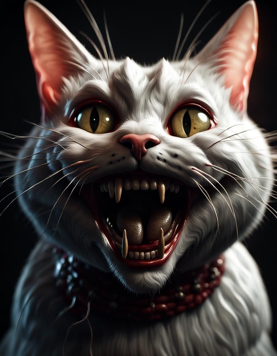 Creepy horror cat creepy smile , hyper realistic, 8k ultra detailed, scary, hdr, high contrast ...