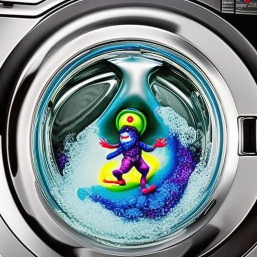 A washing Machine with a monster stuck inside during the wash cycle ...