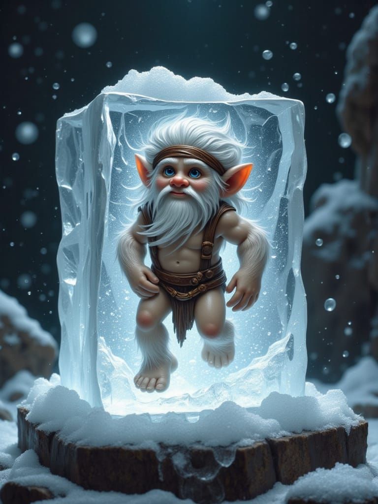 Cute Troll Caveman in Glassy Ice Cube - AI Art