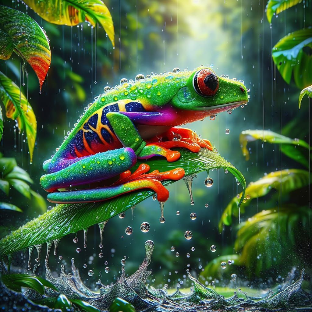 Hyper-Realistic Tree Frog in Tropical Rainstorm - AI Art