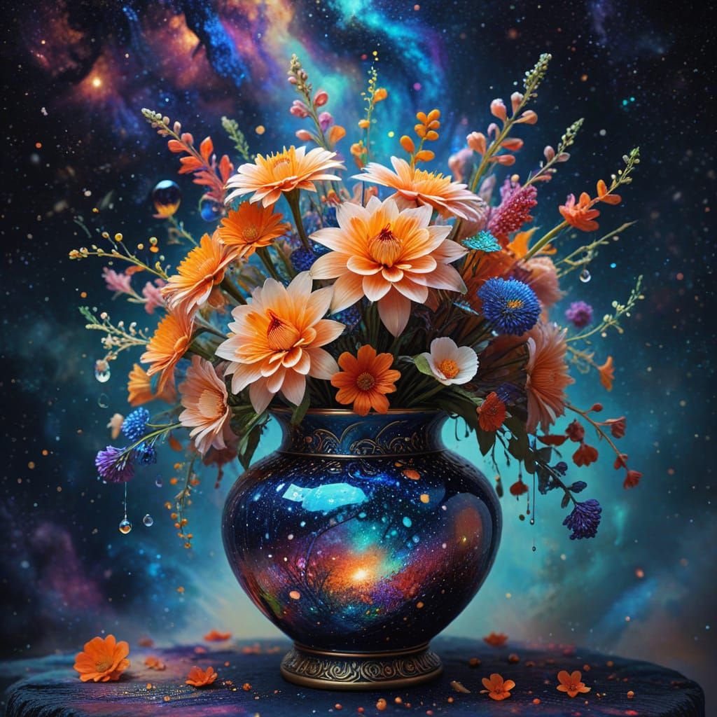 Cosmic Vase in Vibrant Hues with Voluminous Flower... - AI Art