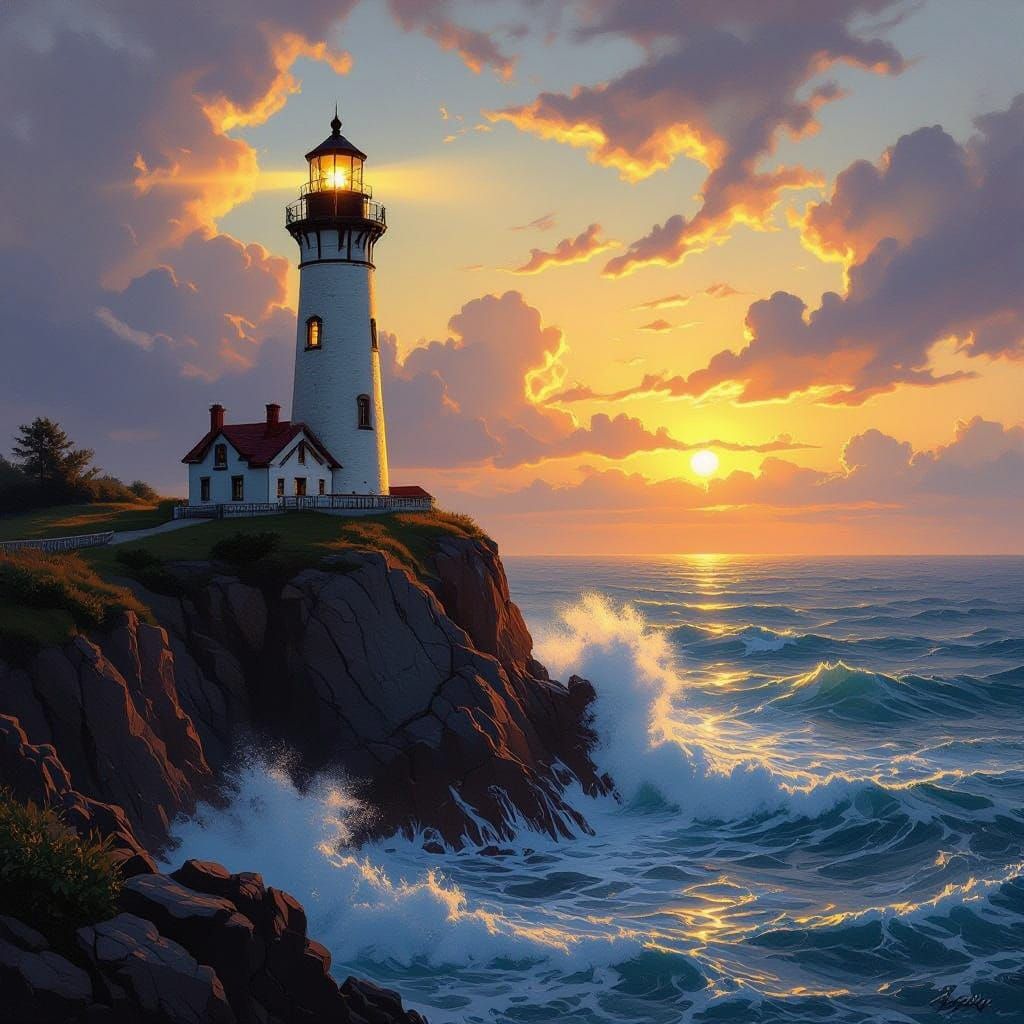 Cliffside Lighthouse - Majestic Lighthouse Illuminates Drama...