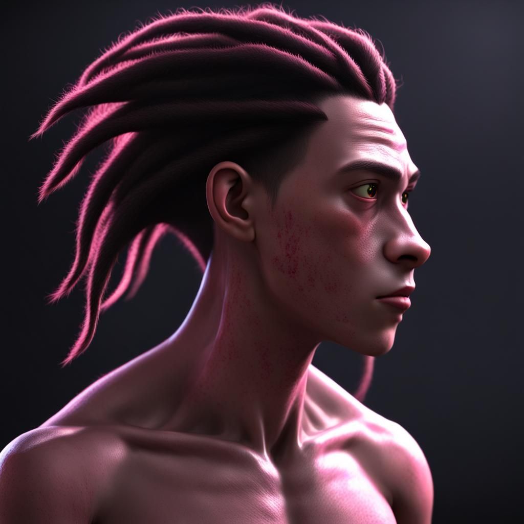 alien pink skinned, light tissue scarring, thick matted hair, teenage ...