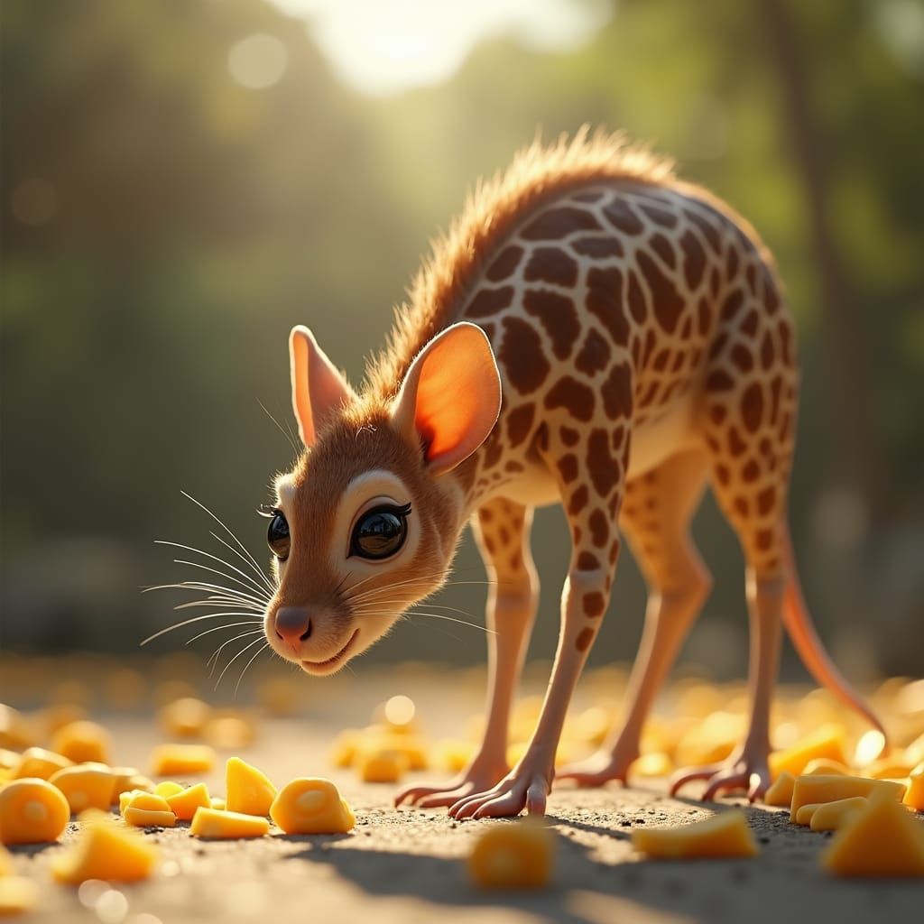 Majestic mouse-giraffe picking up some pieces of cheese