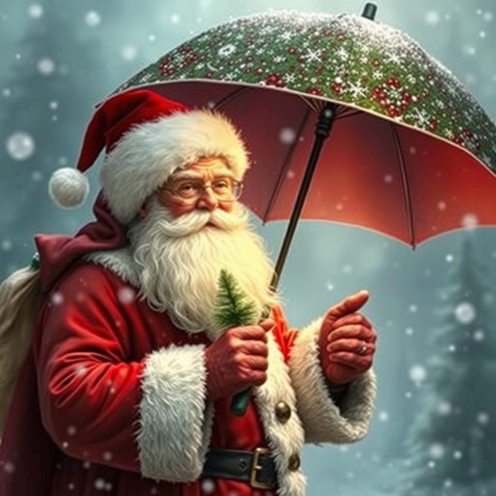 Santa Claus Under Christmas Tree Umbrella in Seren... - AI Art