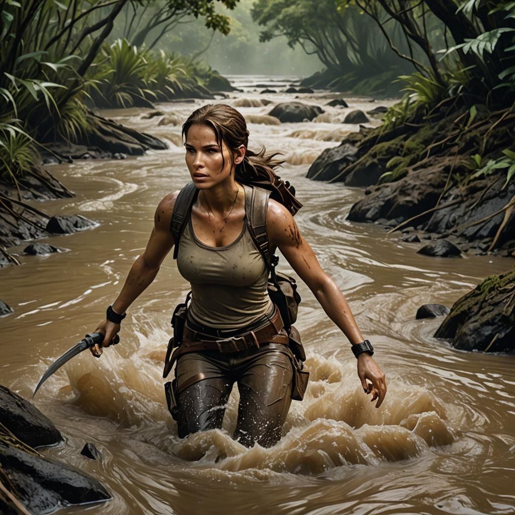 Lara Croft passing through rivers, sliding down muddy banks. Cinematic ...