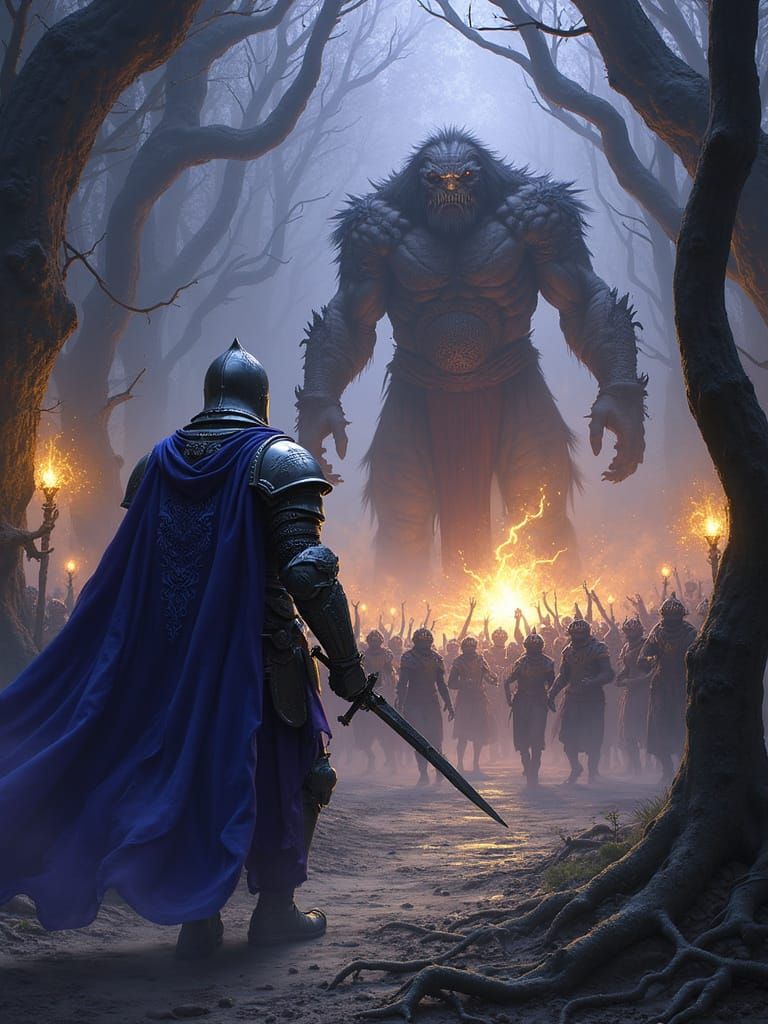 Dark Knight Battles Orcs and Cyclops in Ancient Fo... - AI Art