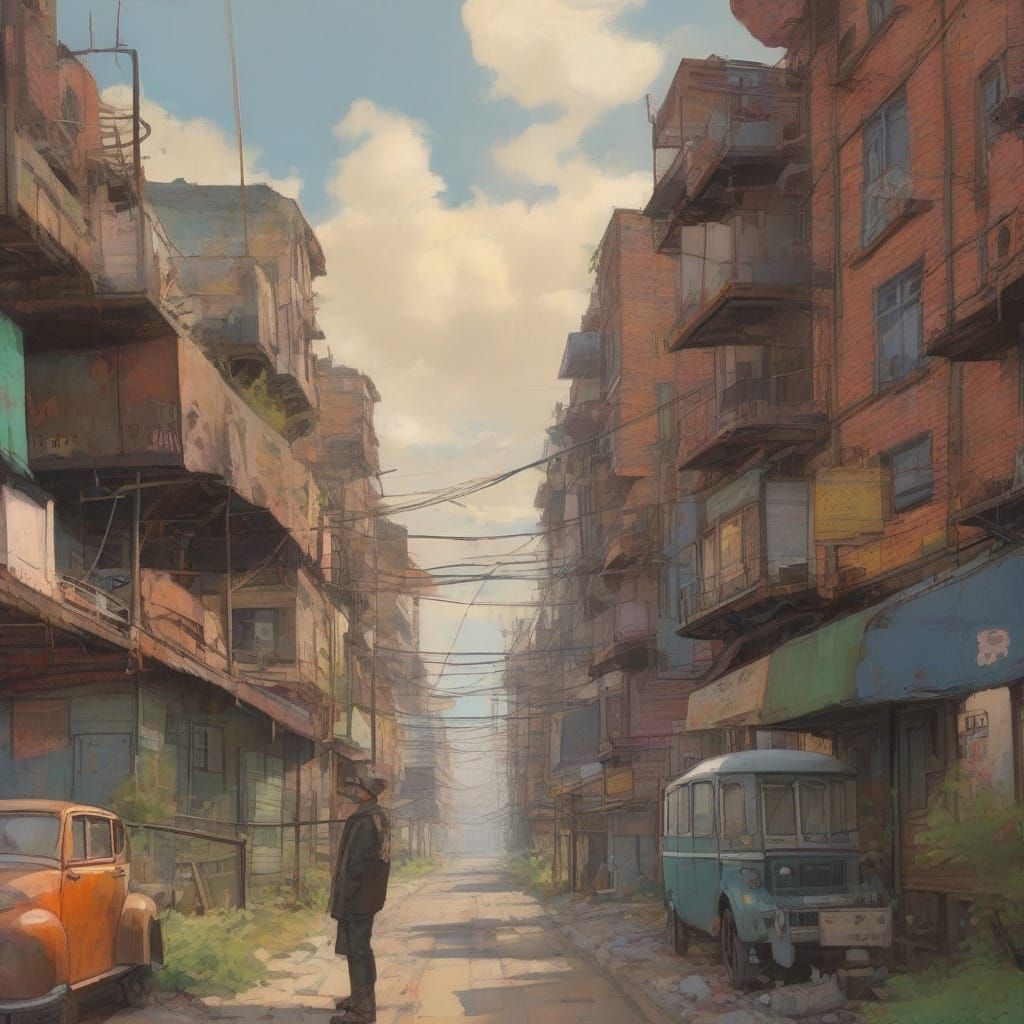 watercolor nostalgic era of 90's anime slums architecture with mild ...