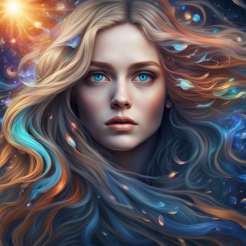 beautiful women with big blue eyes and flowing long hair of many colors ...