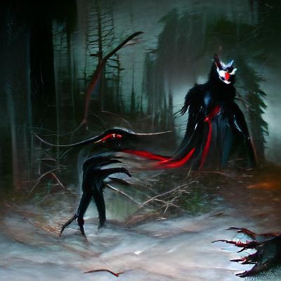A dark tall shadow figure standing in front of a forest with bright red ...