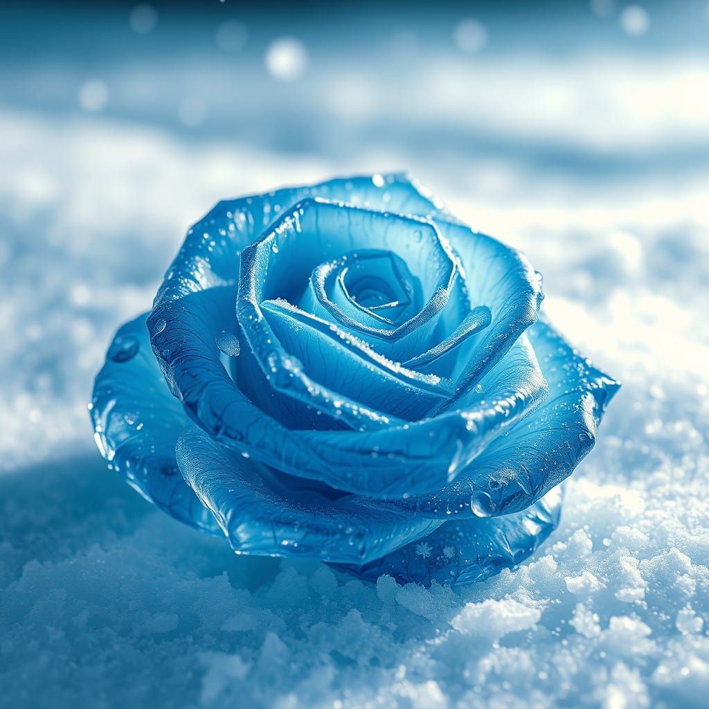 Hyper-Realistic Blue Ice Rose in Winter Wonderland - AI Art