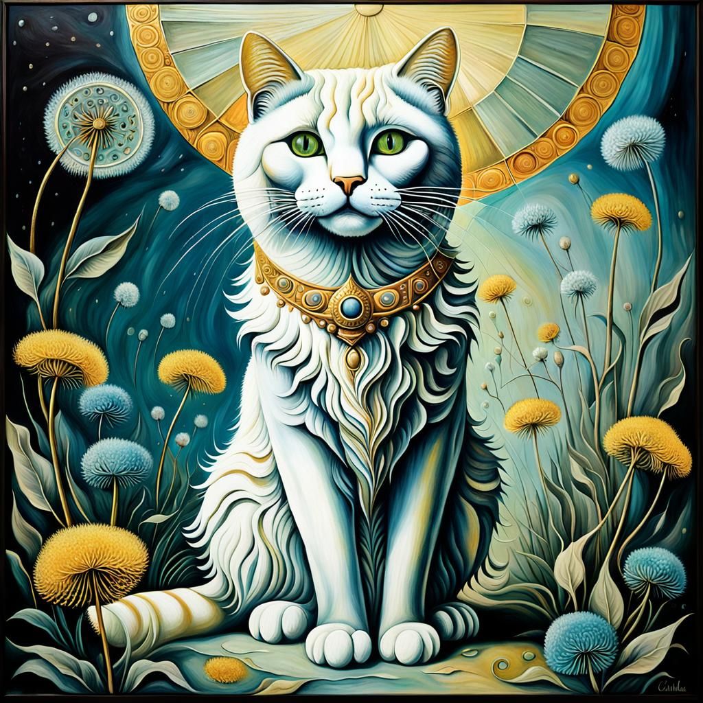 ivory-gold cat and dandelions - AI Generated Artwork - NightCafe Creator